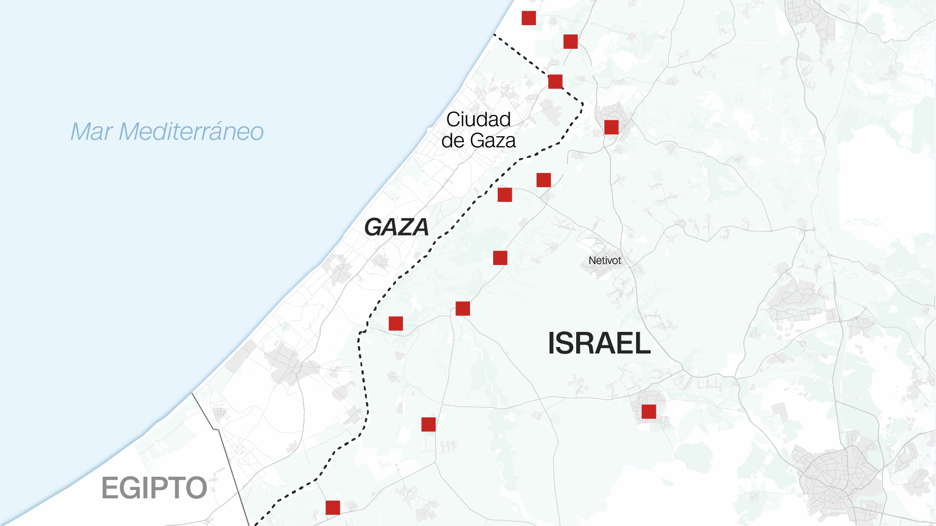 El mapa de las zonas donde se han reportado ataques de Hamas a Israel ...